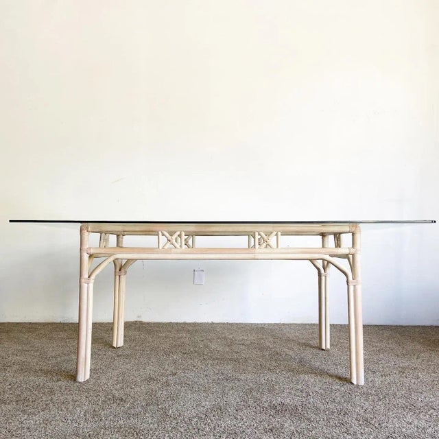 Boho Chic Beveled Glass Top Bamboo Rattan Rectangular Dining Table ...