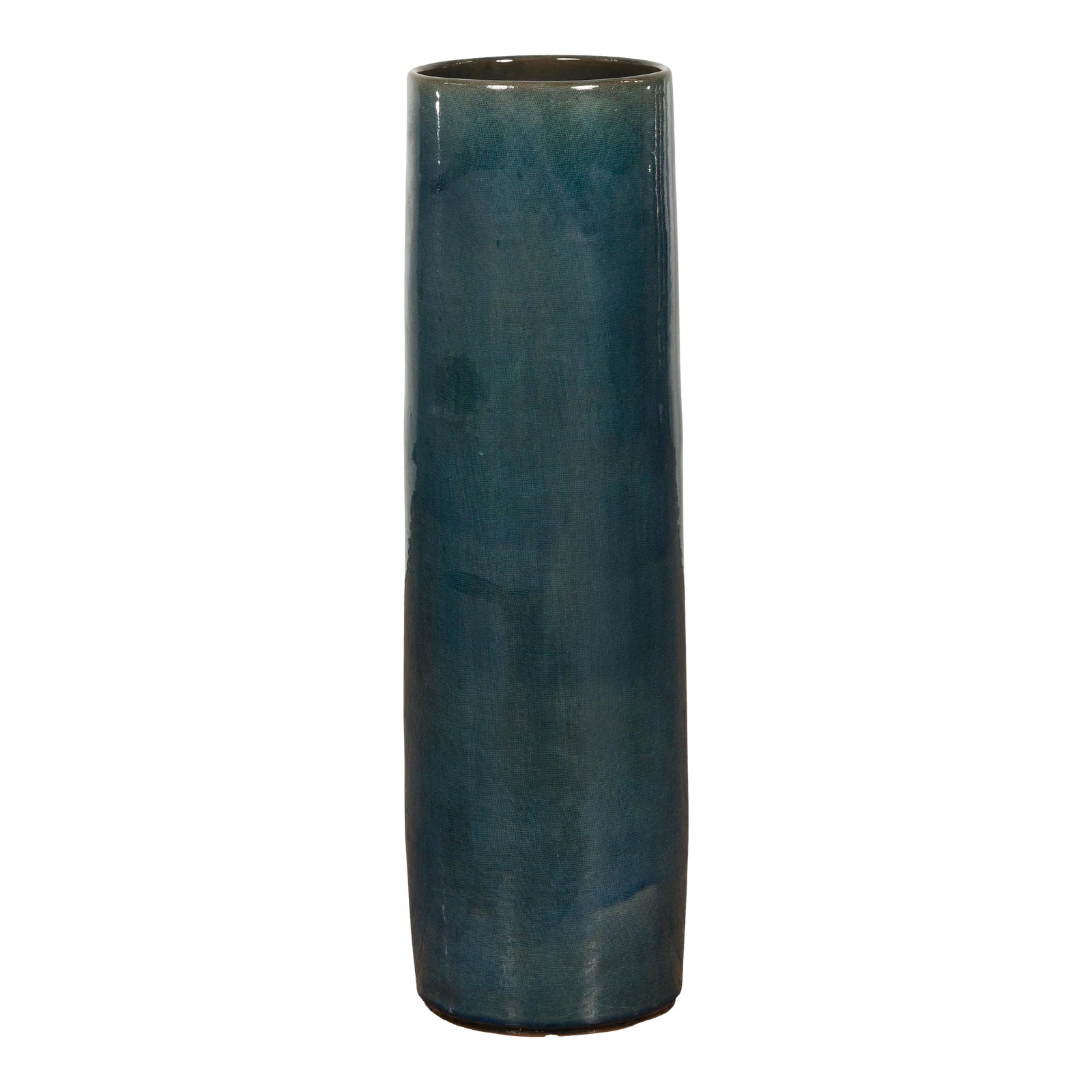 Artisan Made Prem Collection Blue Floor Ceramic Vase with Screen Patterns | Chairish