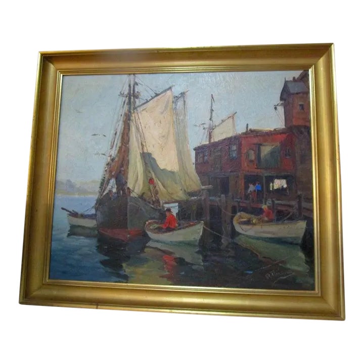 American Impressionist New England Harbor Scene Painting "Sails Up" by ...