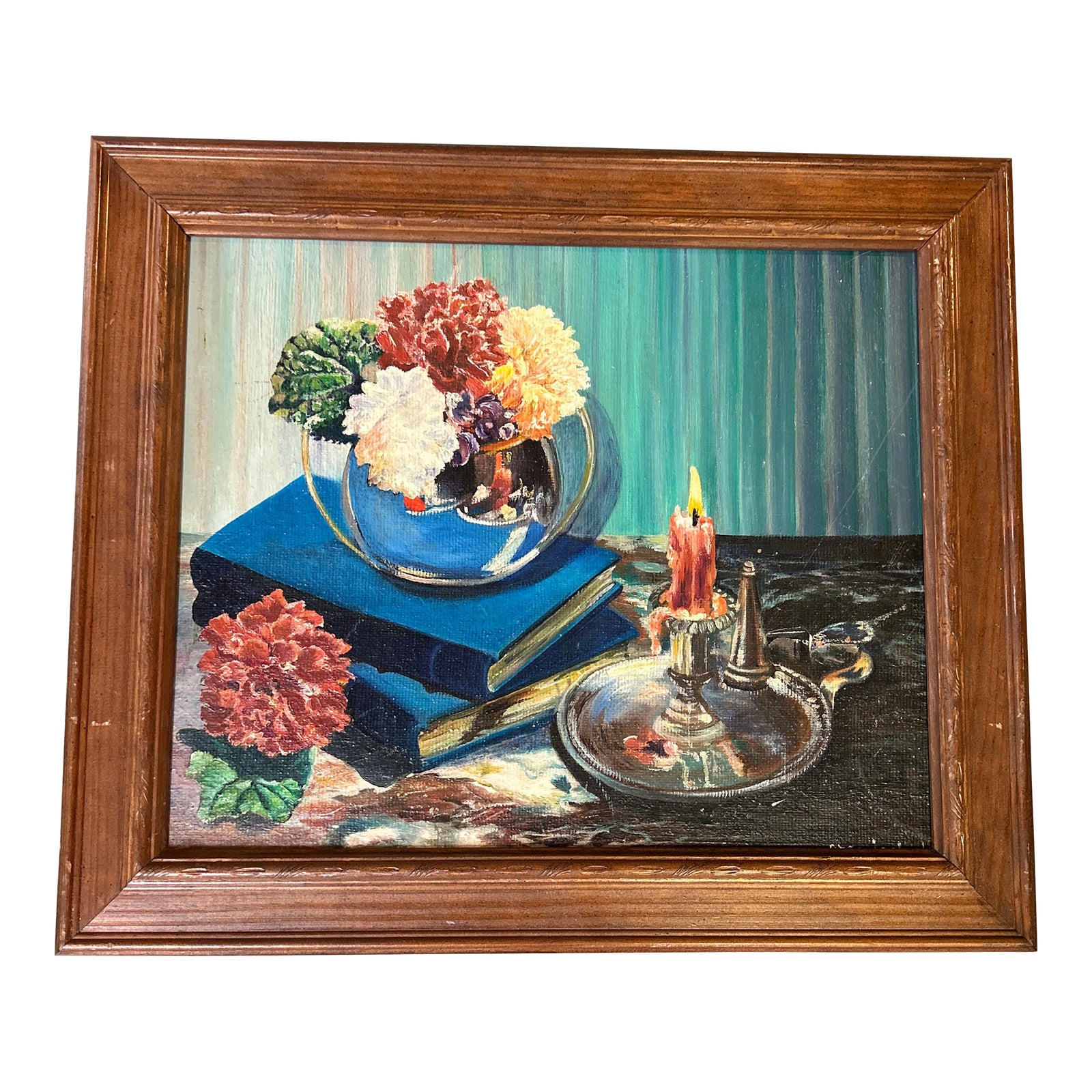 1970’s Original Still Life Painting With Burning Candle and Flowers on ...