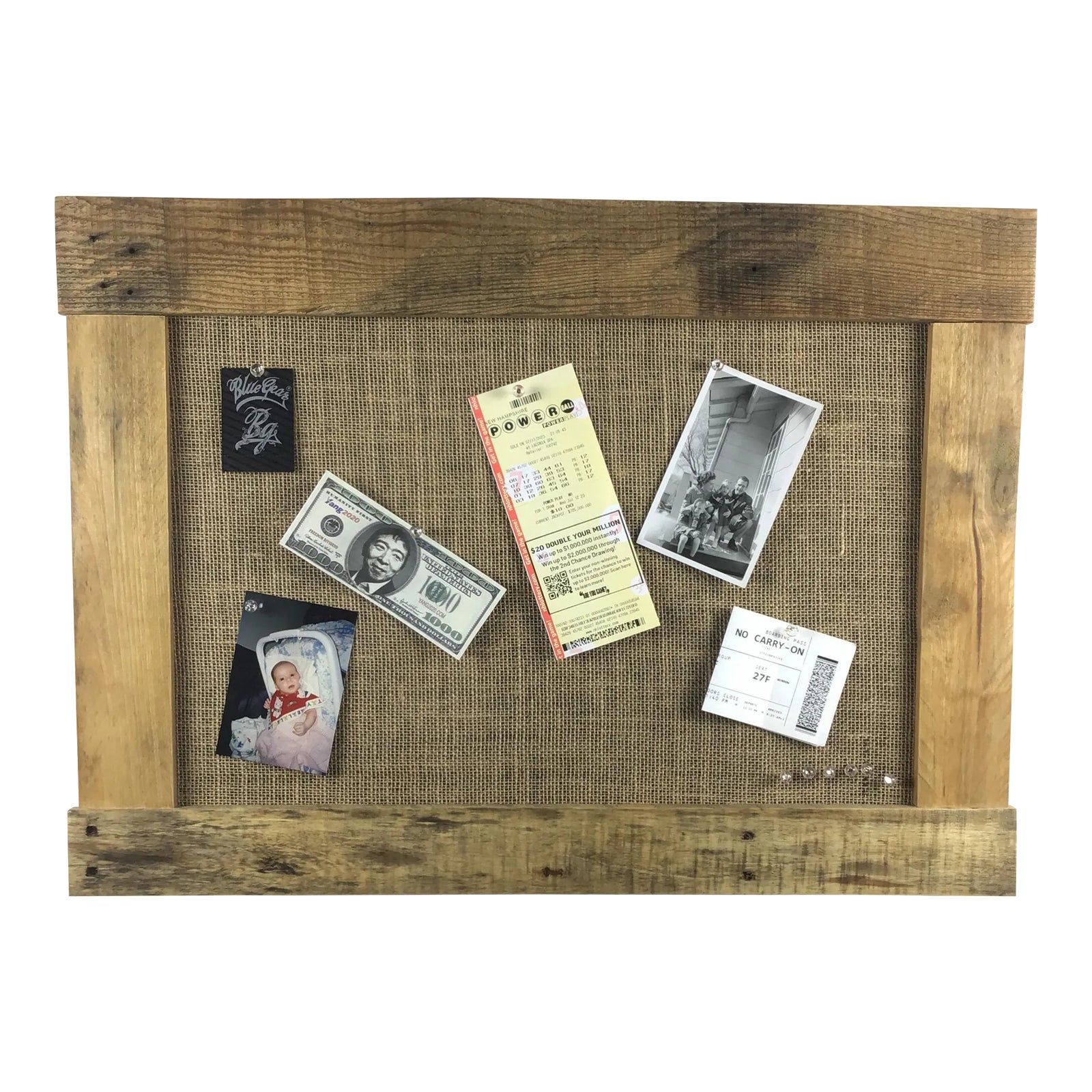 Solid Oak Framed Burlap Pin Board Display | Chairish