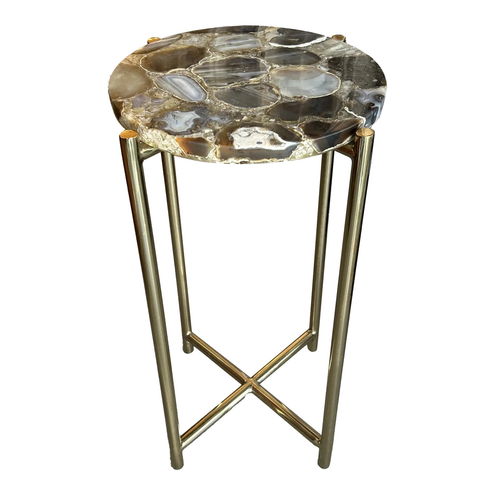 Round Semiprecious Gemstone and Brass Finish Metal Leg Side Table ...