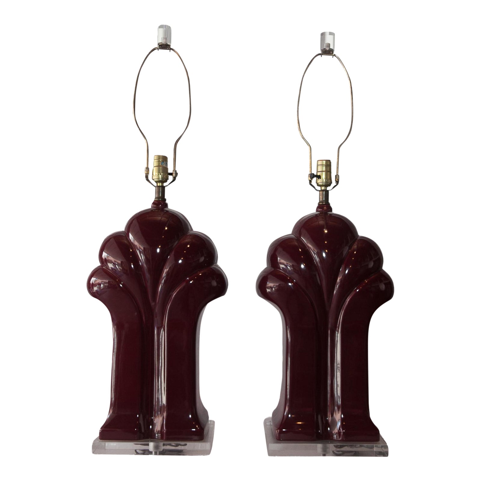 1980s Burgundy Polished Scalloped Lamps - A Pair | Chairish