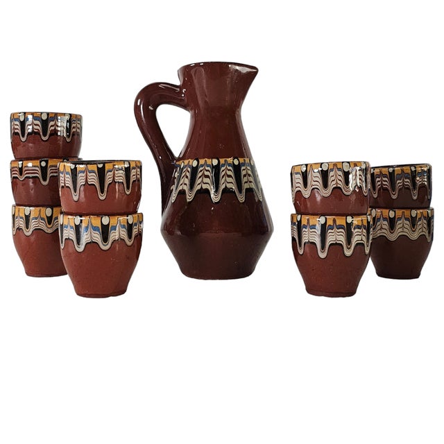 Bulgarian Troyan Red Feather Pitcher & Cup Set 9 Cups 12 Oz | Chairish