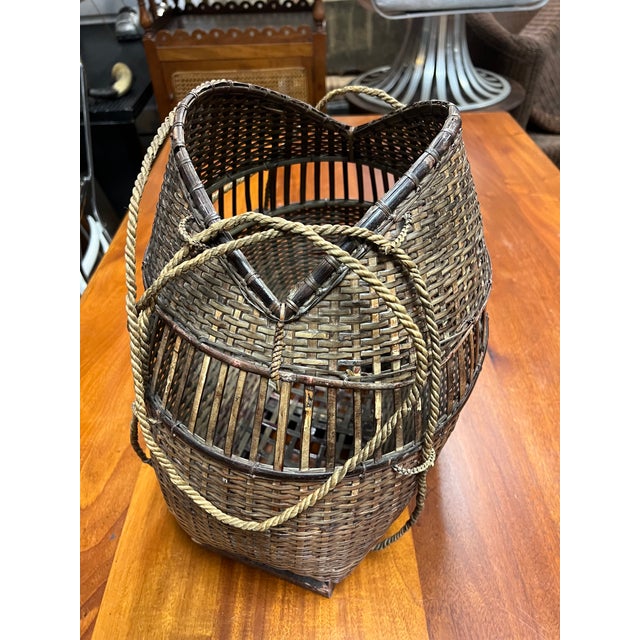 20th Century Rustic Asian Antique Bamboo Wicker Fish Basket | Chairish