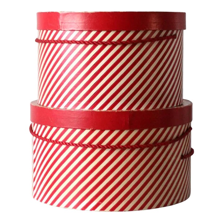 Vintage Candy Cane Stripe Hat Boxes Pair | Chairish