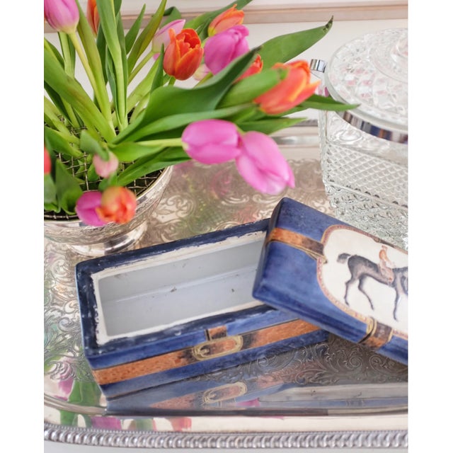 1980s Navy Blue and Brown Ceramic Box With Equestrain | Chairish