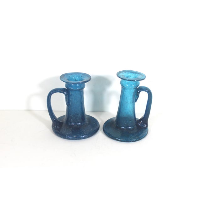 Vintage Pair of Blue Green Teal Hand Blown Bubble Glass Candleholder ...