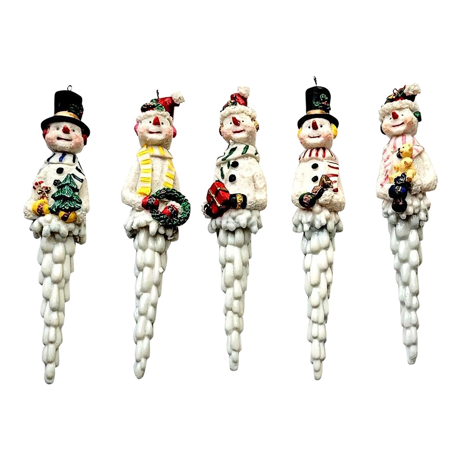 Set of Five 1990s Resin Icicle Snowmen Christmas Ornaments | Chairish