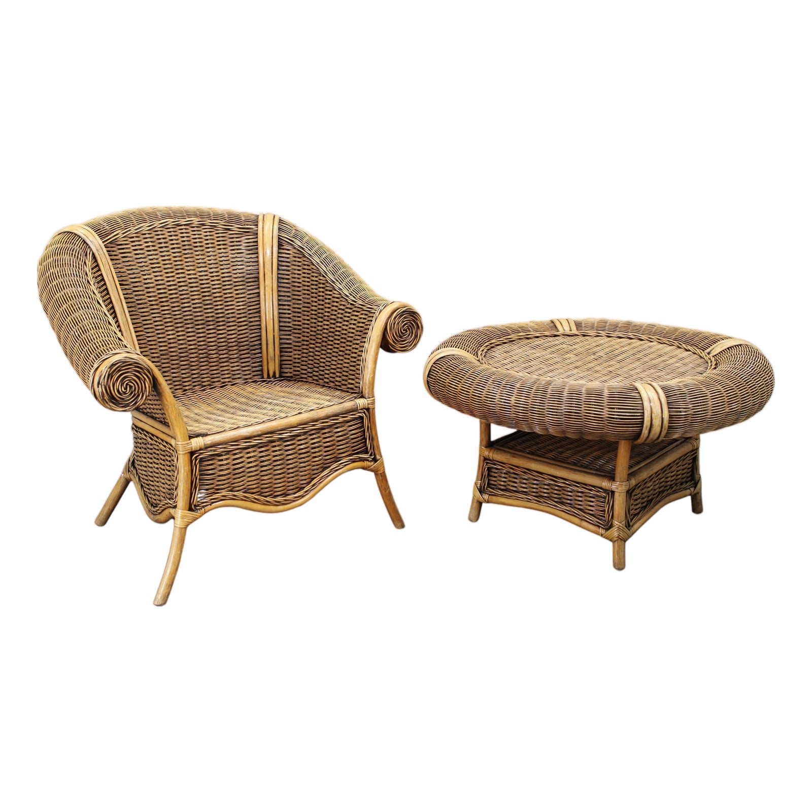 Vintage Organic Rattan Armchair and Round Coffee Table Set, 1990s, Set ...