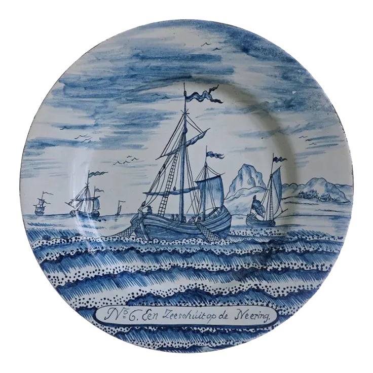 Antique Delft Plate Fishing Scene Dutch Delftware Porcelain Dish Axe ...