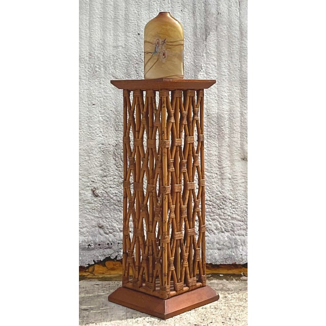 Vintage Coastal Trellis Rattan Pedestal | Chairish