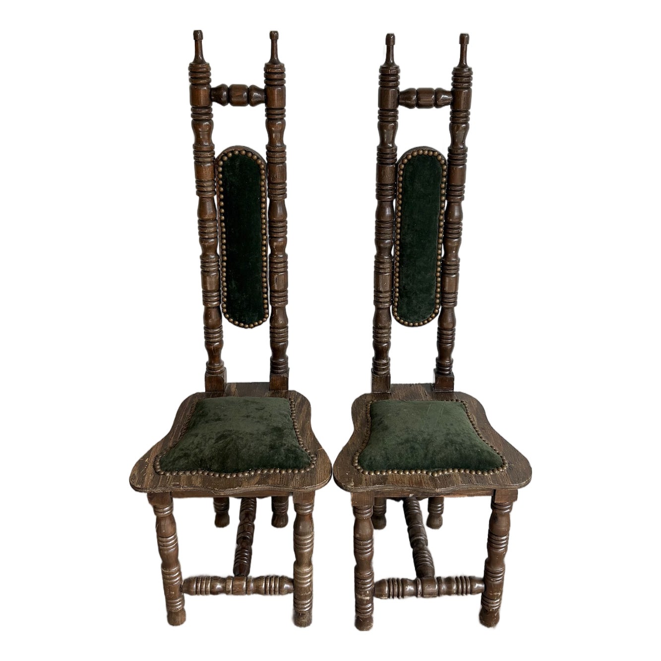 Spanish Jacobean-Style Hall Prayer Chairs W/ Green Velvet Seats Set of ...