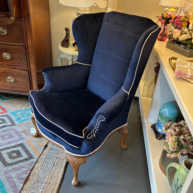 Mid 19th Century Vintage Blue Velvet Wingback Chair | Chairish