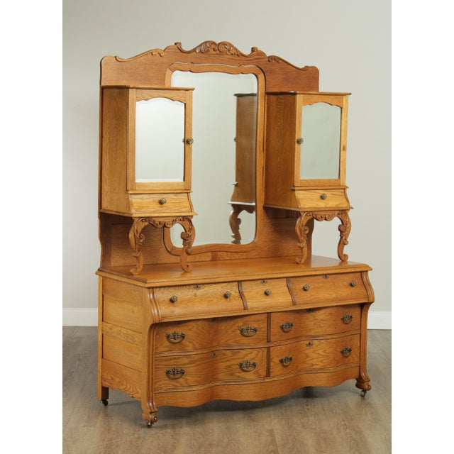 Antique Victorian Oak Double Dresser, Mirror Back | Chairish