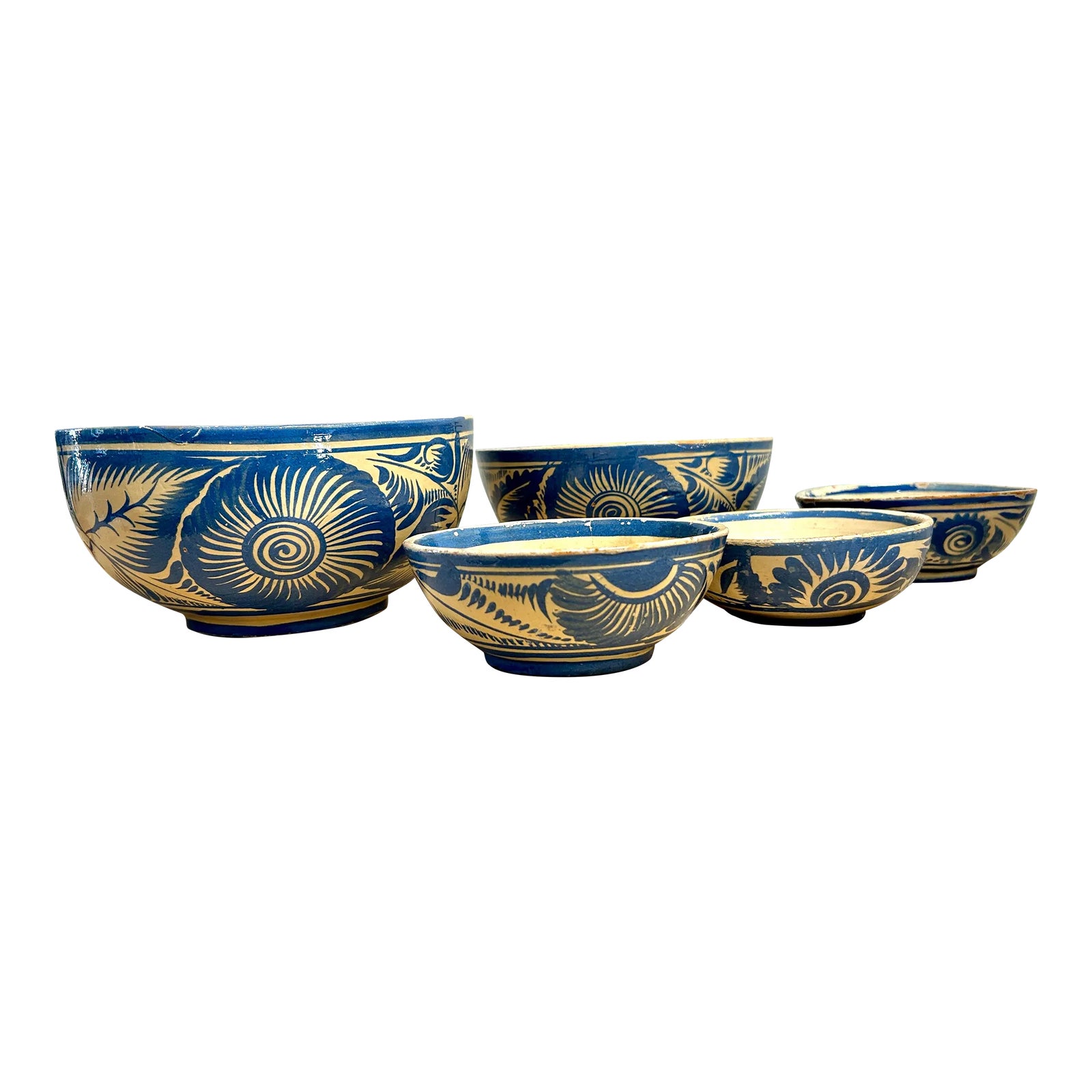 Vintage Mexican Hand Painted Blue and Almond Colored Pottery Bowls- 5 ...