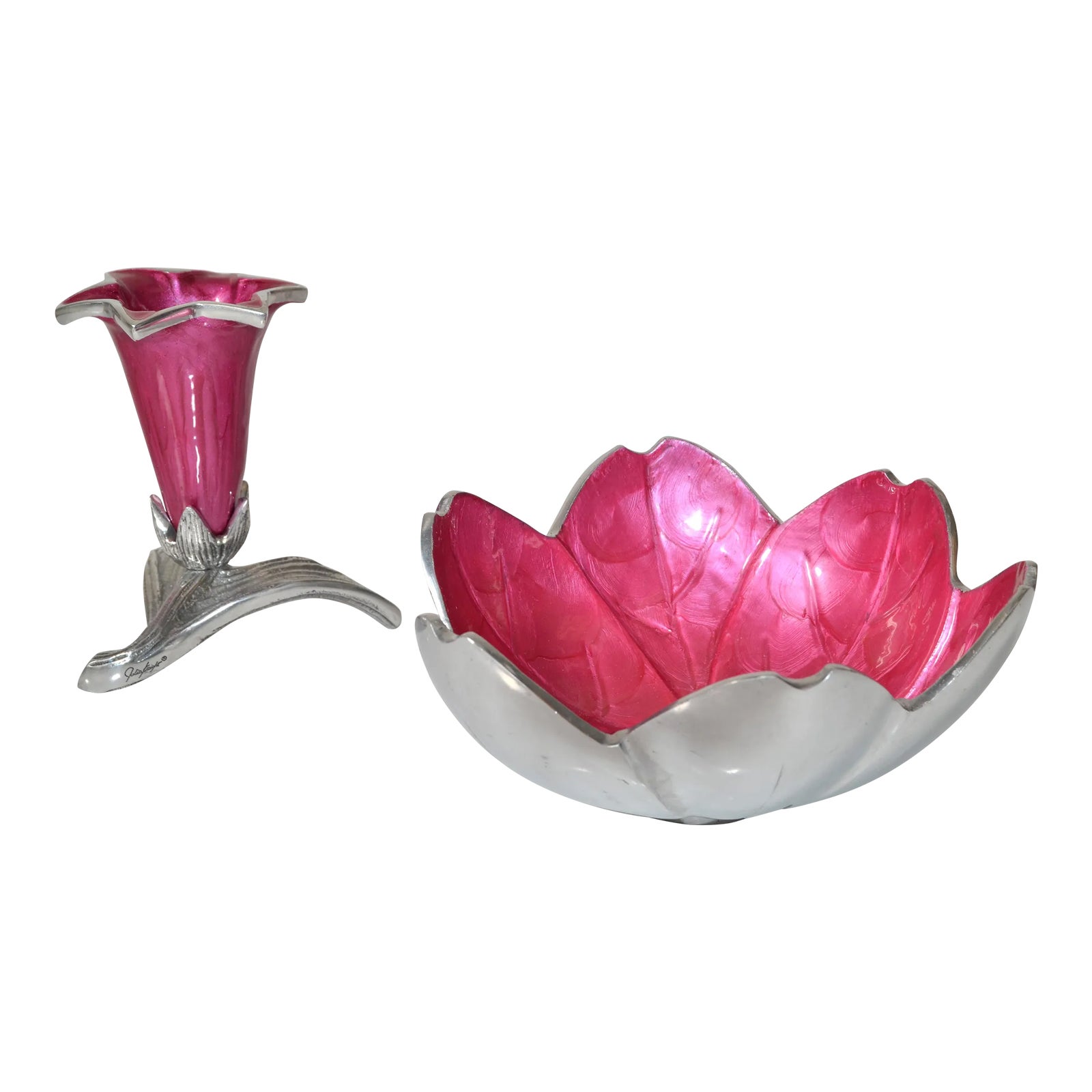 Set of 2 Julia Knight Pink Flower Vase Bowl Lily Serving Bowl Aluminum ...