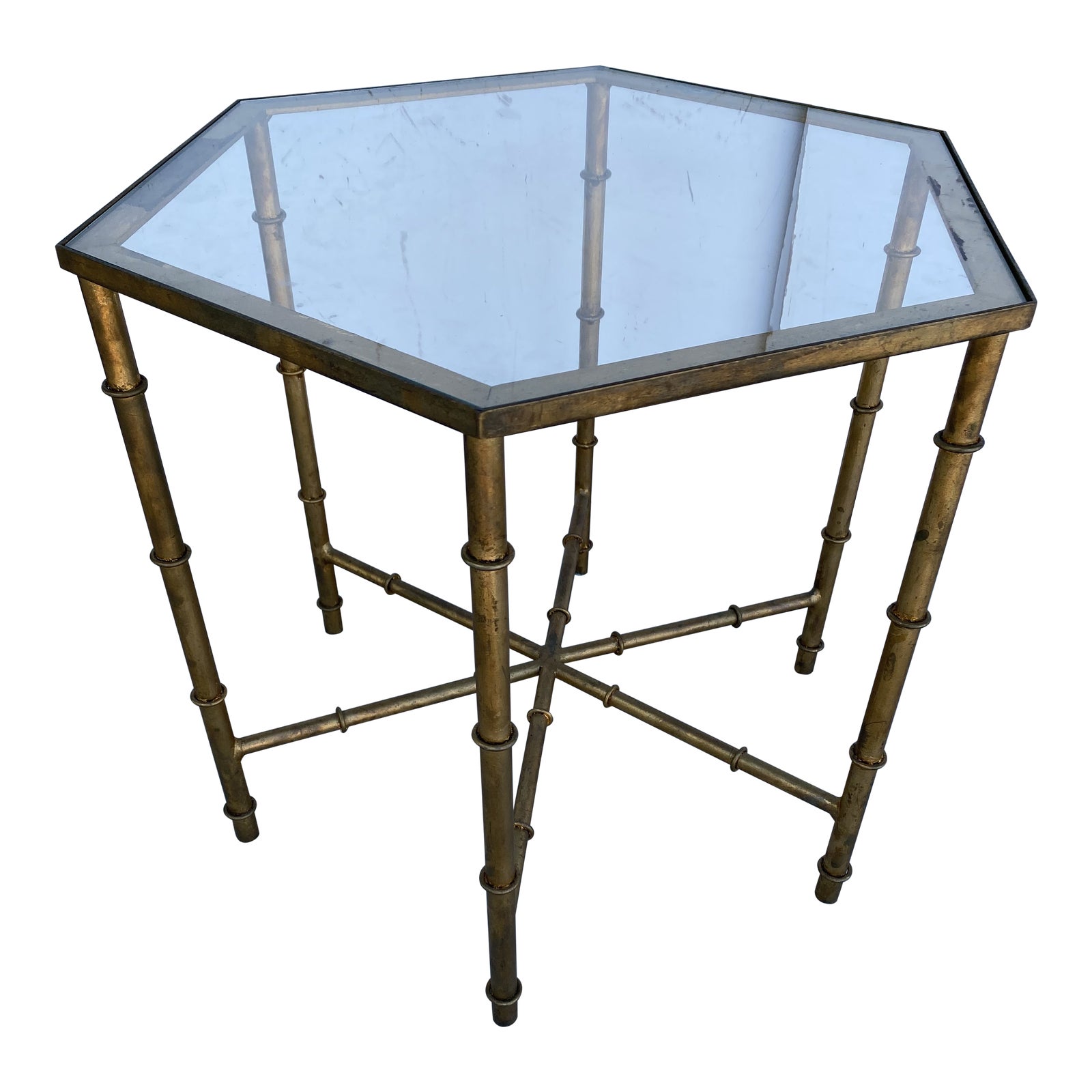 Gold Gilded Faux Bamboo Hexagonal Metal Table. | Chairish
