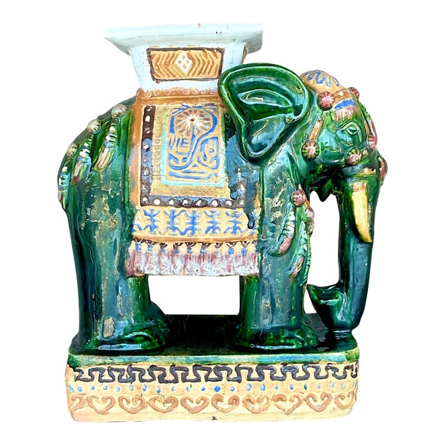 Vintage Boho Glazed Ceramic Elephant Stool | Chairish