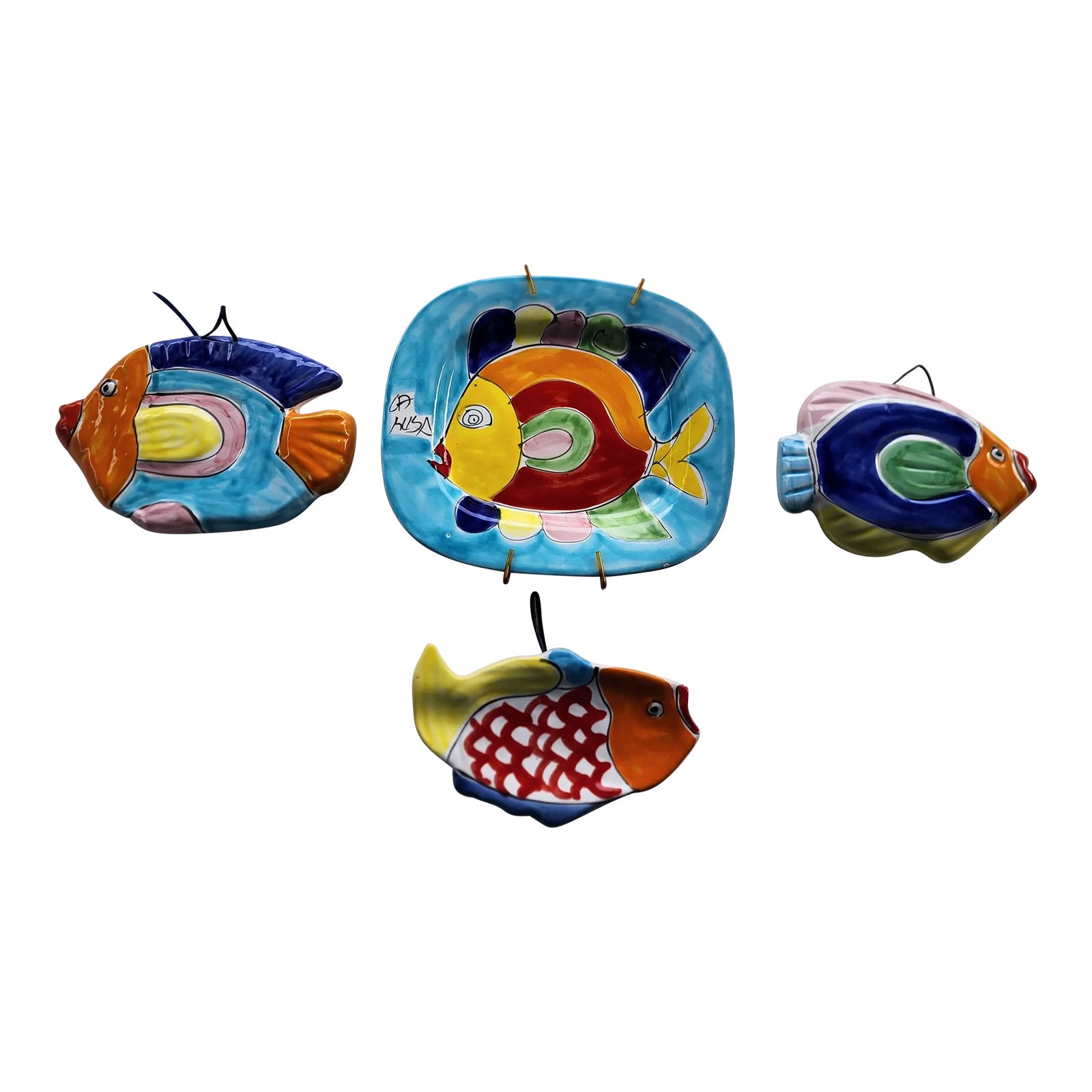 Group of Four 1990s Italian Ceramic Hand Painted Fish | Chairish