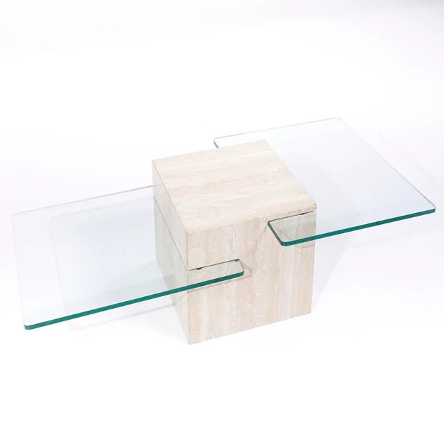 Mid Century Travertine and Glass Multi-Tier Coffee Table | Chairish
