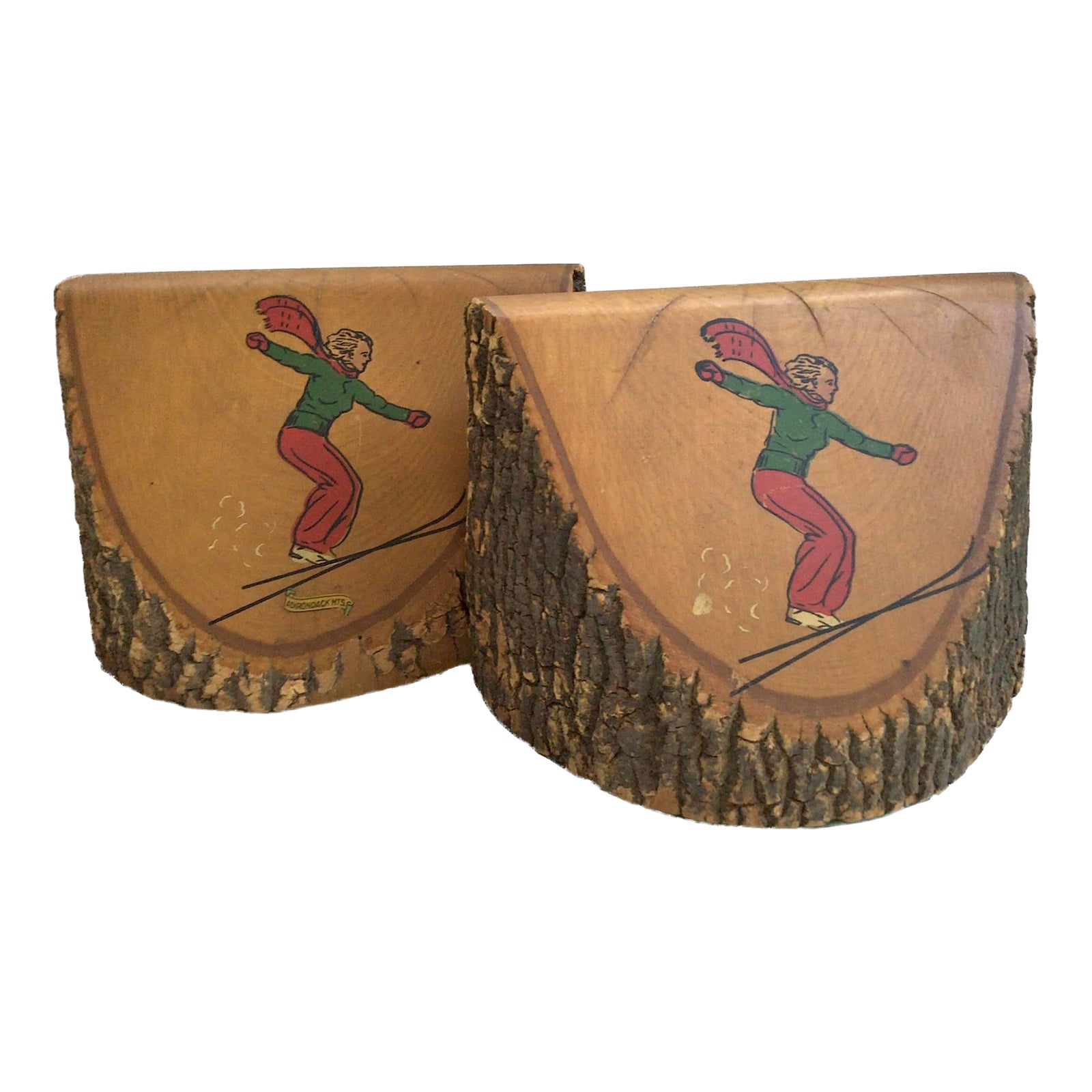 Vintage Weirdwood Adirondack Mts Souvenir Bookends With Woman Skier ...