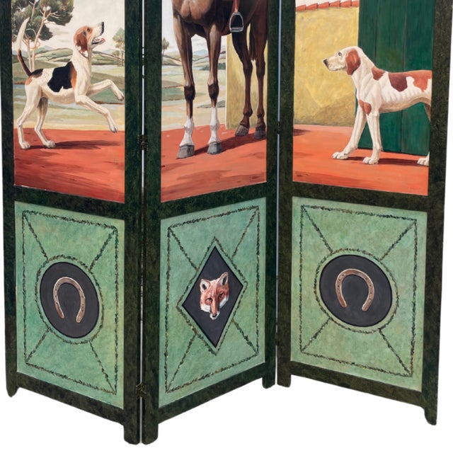 1990s Hand-Painted English Fox Hunt Equestrian Folding Screen Room ...