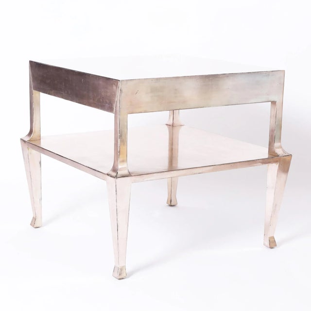Pair of Mid Century Silver Leaf Two Tierd Stands or Tables | Chairish