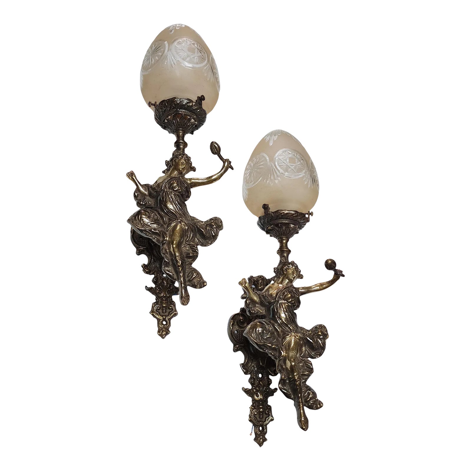 Pair Vintage Art Nouveau Deco Mermaid Wall Sconces in Brass & Glass ...