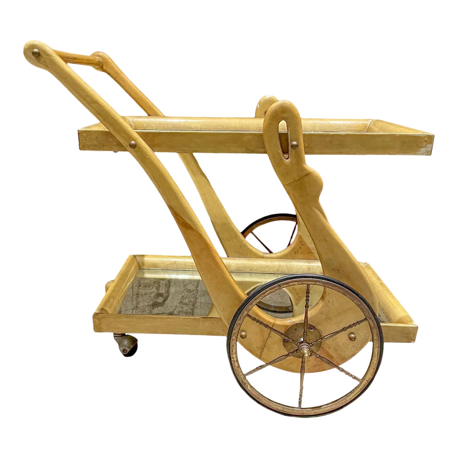 Aldo Tura Italian Goatskin and Brass Swan Wheeled Service Cart | Chairish
