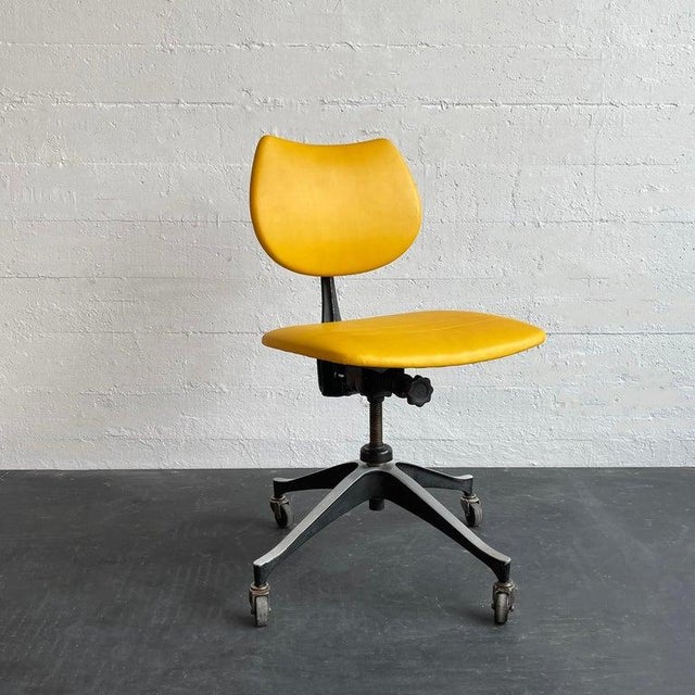 Mid-Century Modern Yellow Leather Steel Rolling Office Desk Chair ...