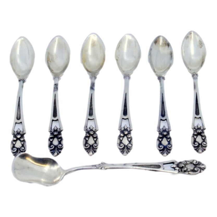 Silver Coffee Spoons and Sugar Shovel with Scalloped Handles, Set of 6 ...