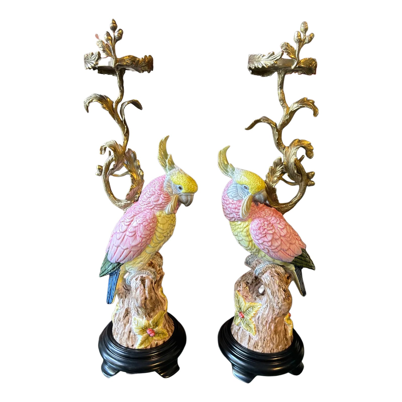 Yellow and Pink Porcelain and Bronze Parrot Candlesticks by Gand & C ...