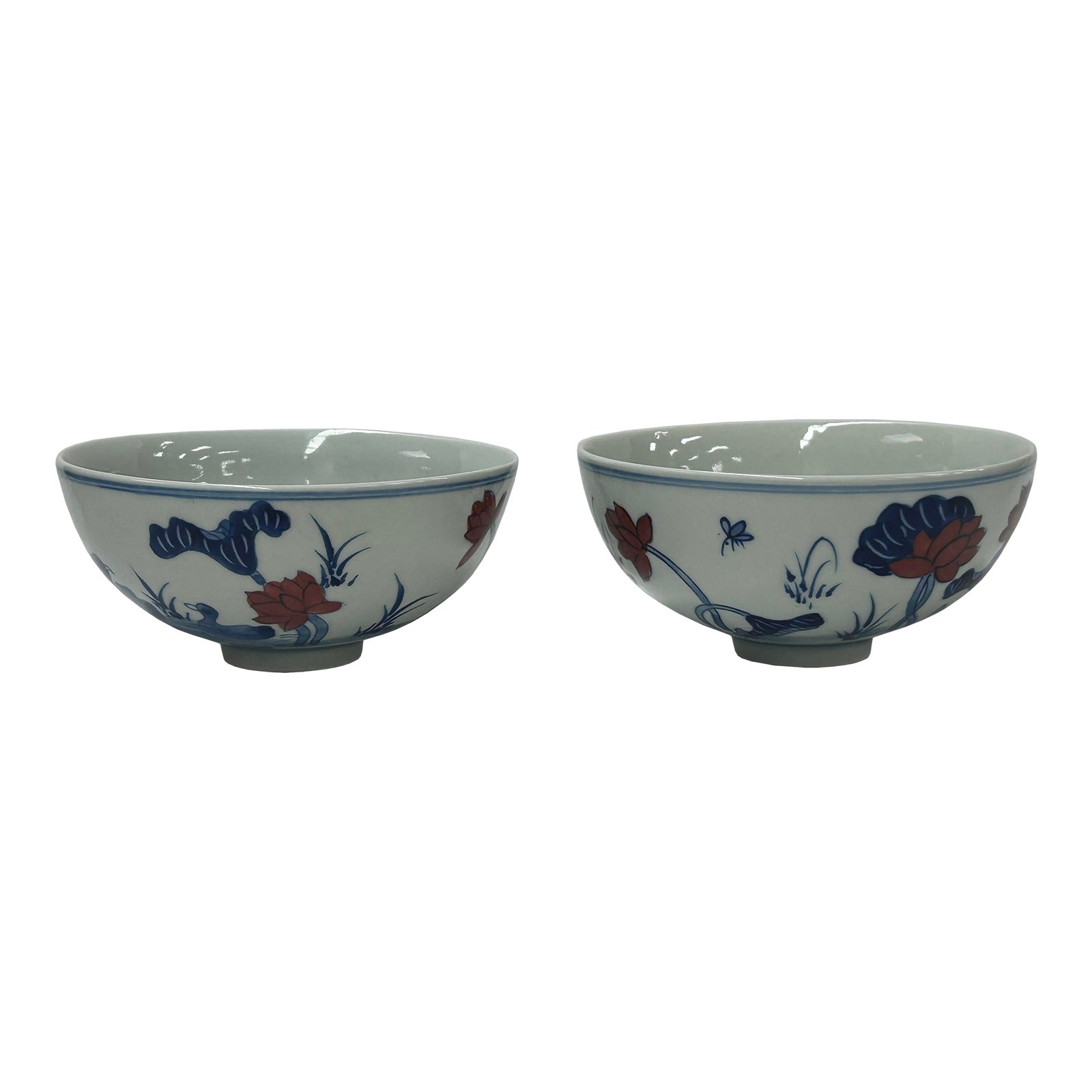 Pair Chinese Porcelain Blue White Red Flower Cup Display Art | Chairish