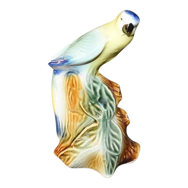 Mid Century Ceramic Parakeet Bird Statue in Blue Green and Yellow ...