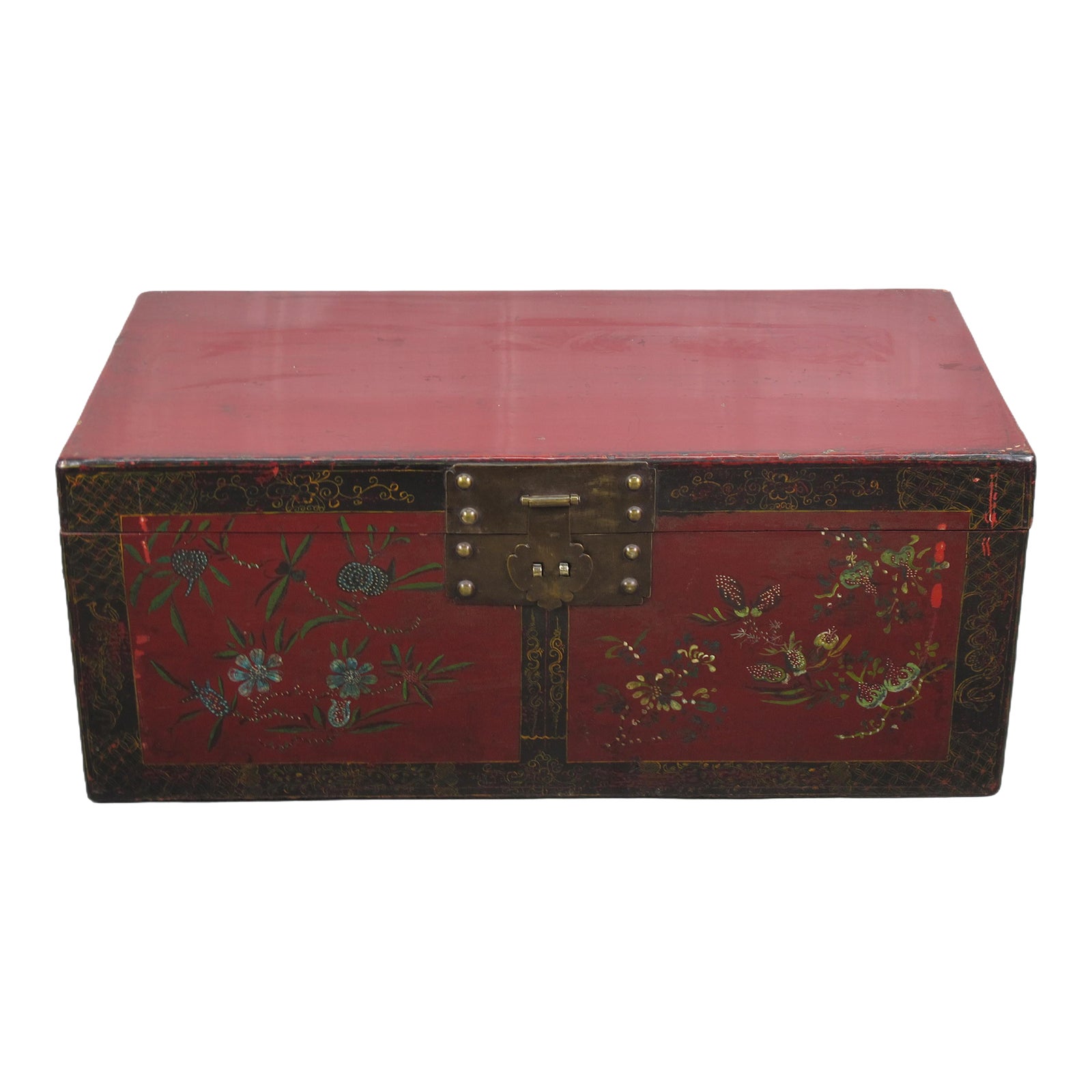Red 38" Inch Long Antique Flowers Accent Trunk Table | Chairish