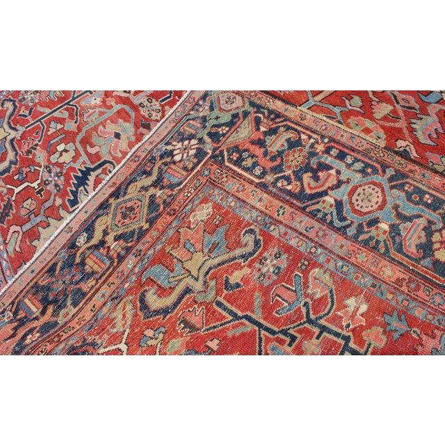 Antique Persian Medallion Serapi Rug With Red Background and Blue ...