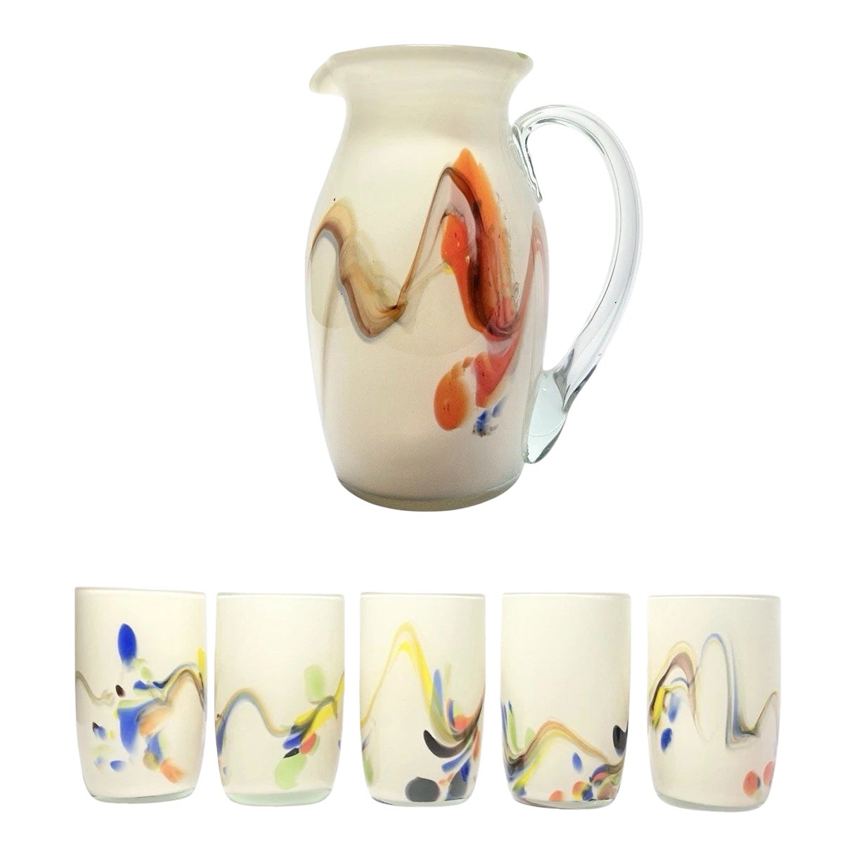 1960s Mid-Century Dalian Glass Co. “Snowflake Series” 6-Piece Pitcher & Tumblers | Chairish