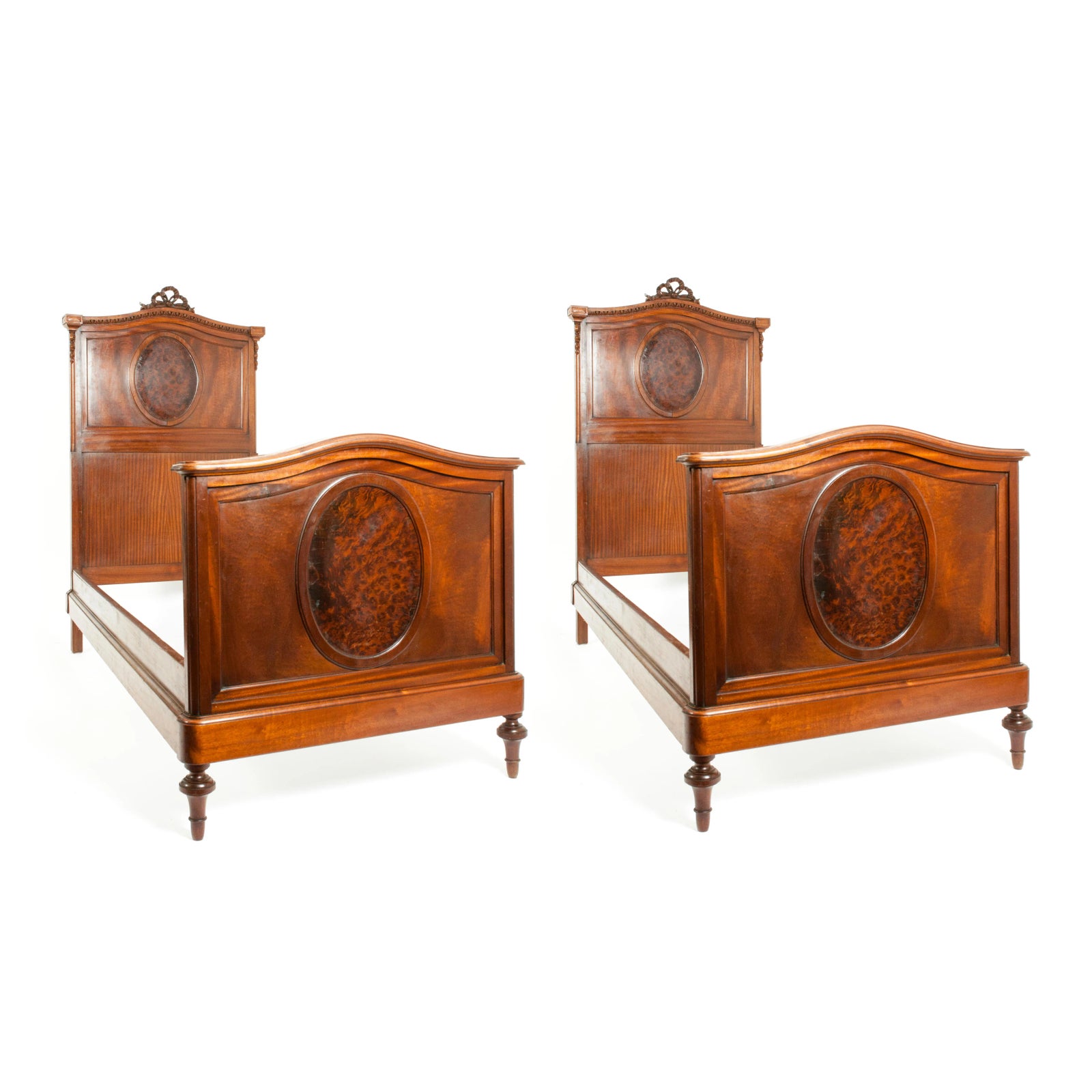 French Hand Carved Walnut / Burl Walnut Single Beds - a Pair | Chairish