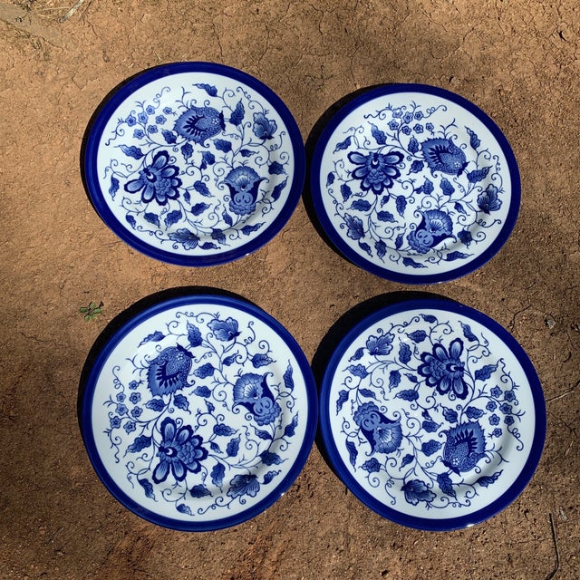 Vintage Bombay Cobalt Blue and White Jacobean Plates- Set of 4 | Chairish