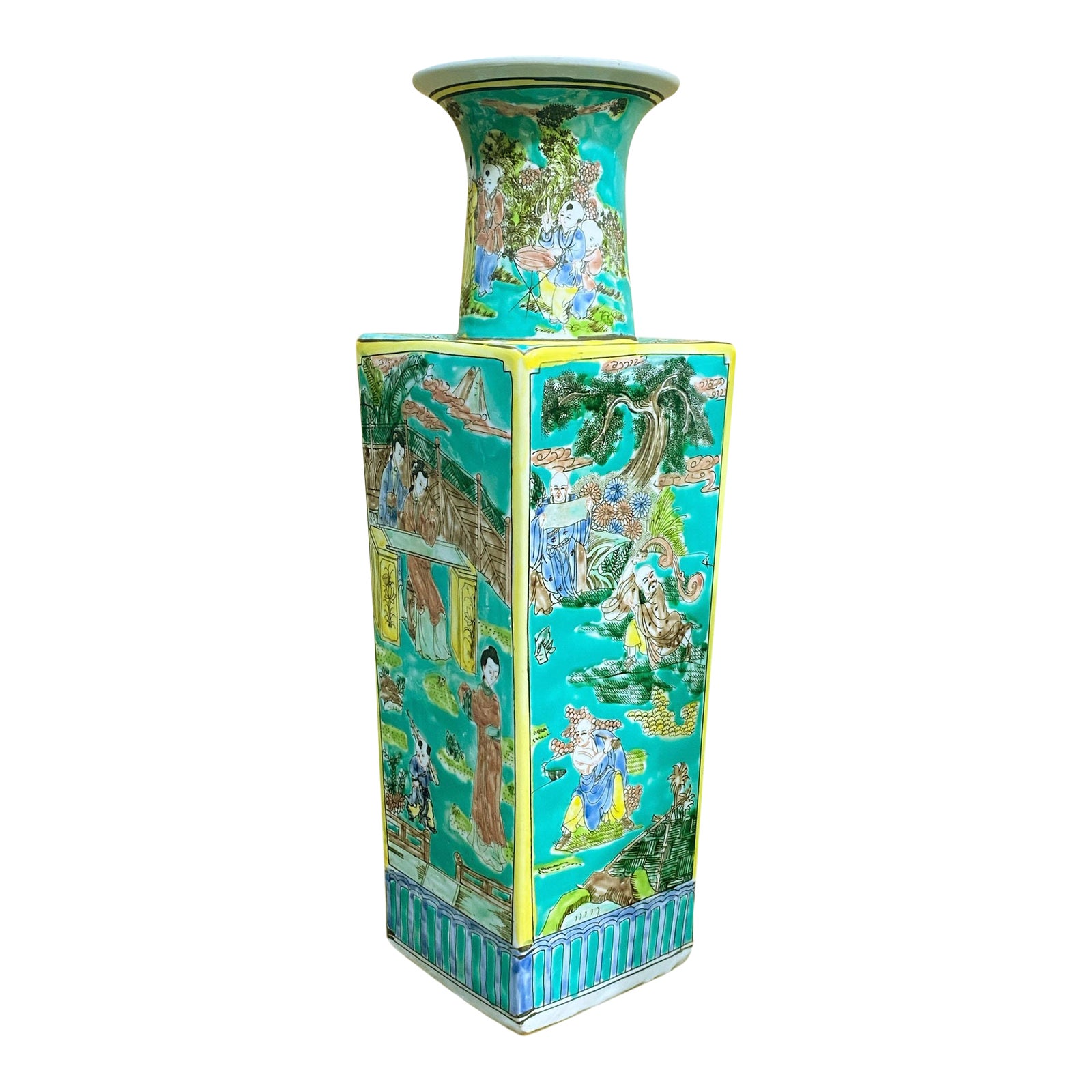 Vintage Quadrilateral Chinese Porcelain Famille Verte Vase 19" H | Chairish