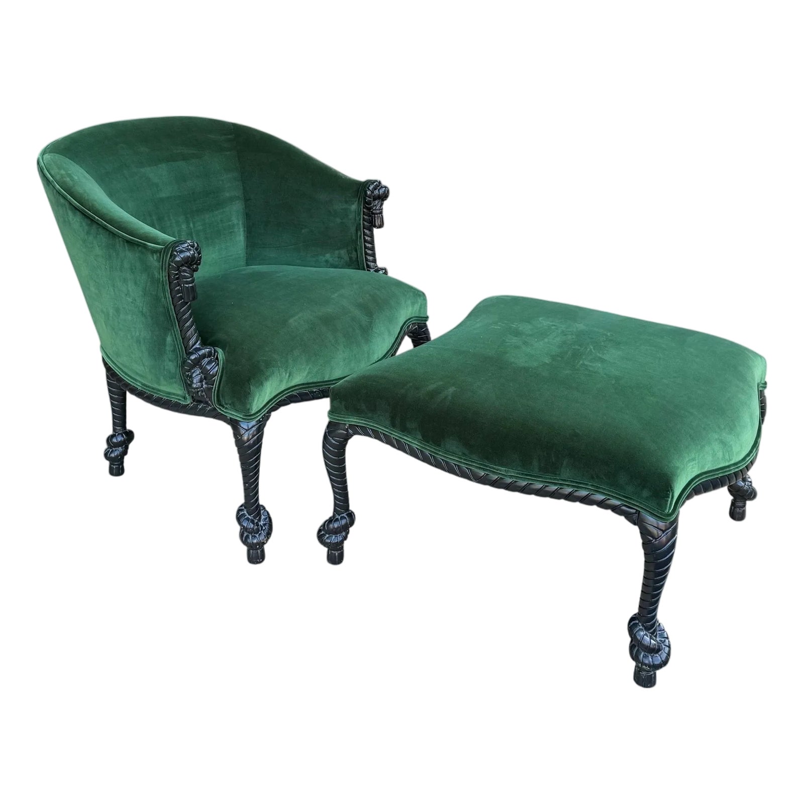 Italian French Napoleonic Style Carved Rope Chair & Ottoman in Green ...