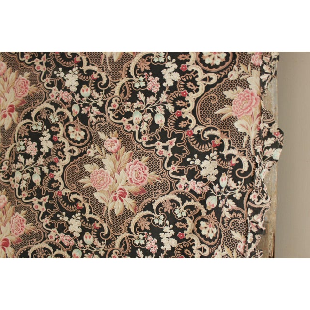 Antique French Fabric Rococo Block & Roller Printed Black Ground Ruffle ...