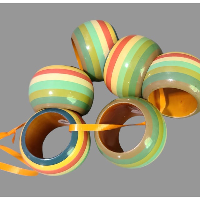 Vintage Set of 6 Colorful Wood Striped Napkins Rings | Chairish