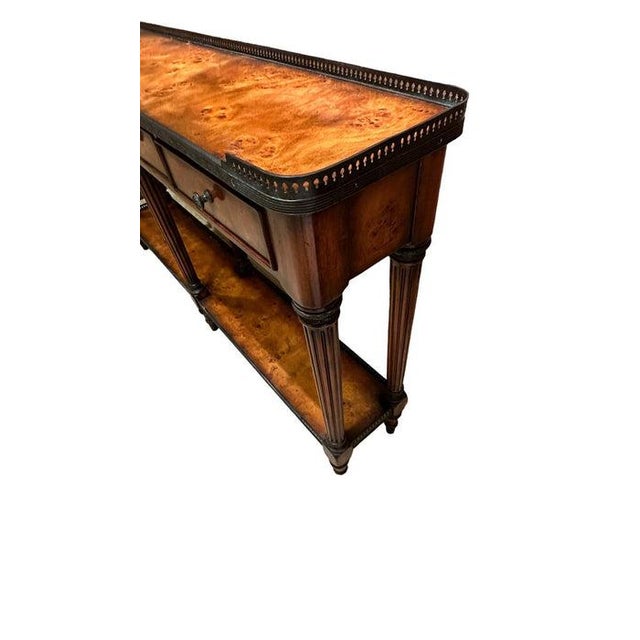 Beautiful Console With Burled Wood and Metal Trim Table | Chairish