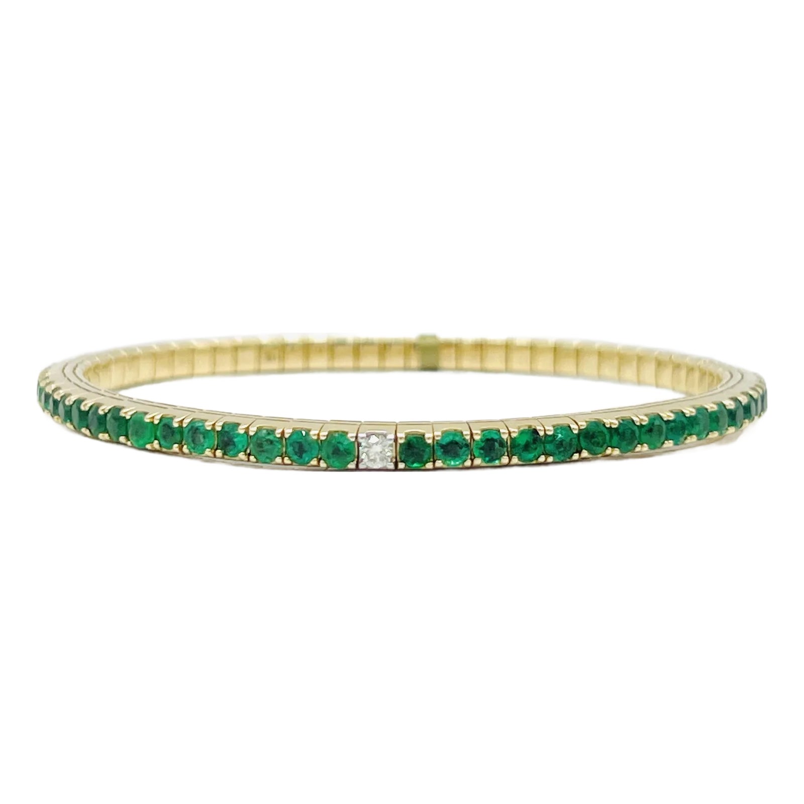 Round Emerald and Diamond Flexible Bangle Bracelet in 14k Yellow Gold | Chairish