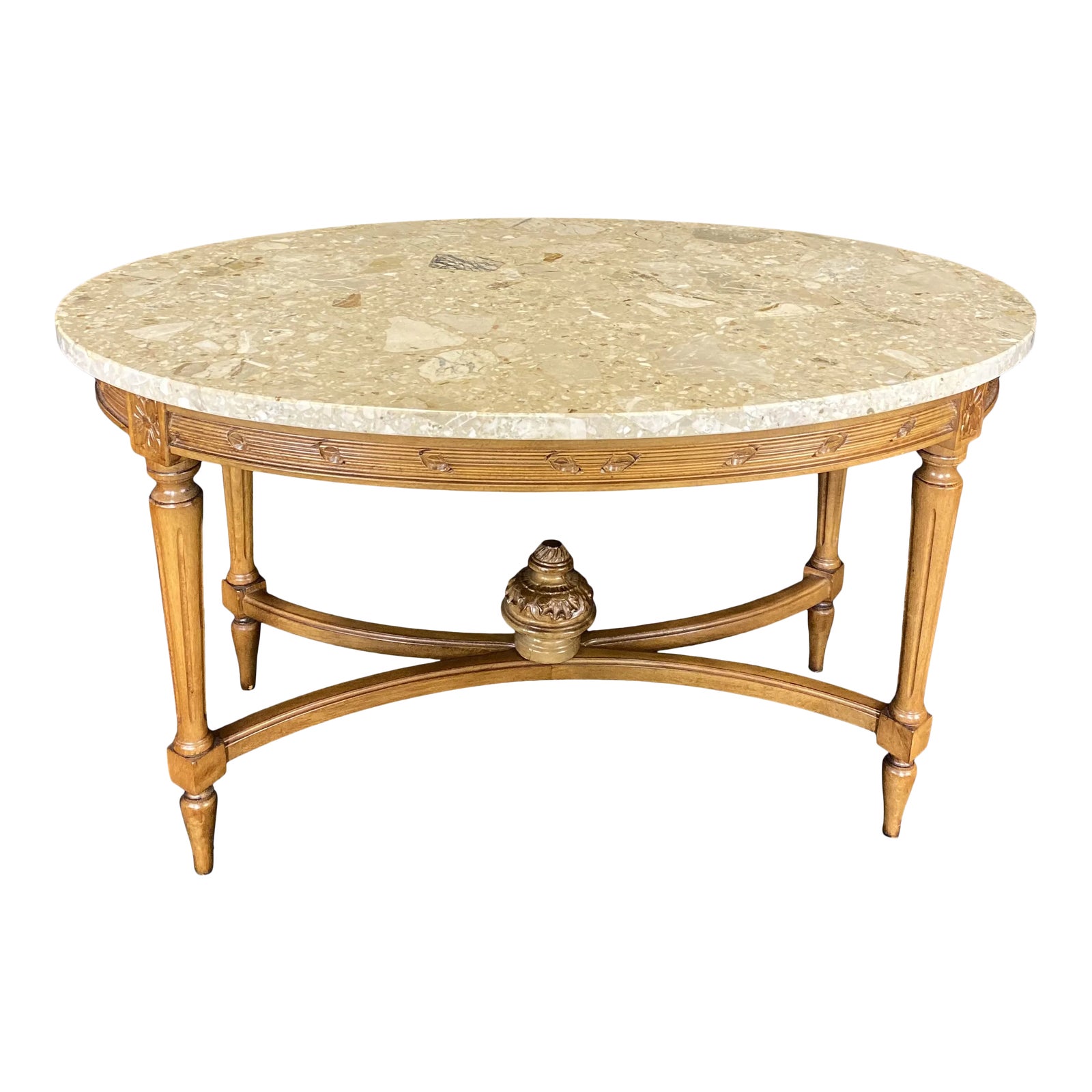 French Louis XVI Style Marble Top Carved Walnut Coffee Table | Chairish