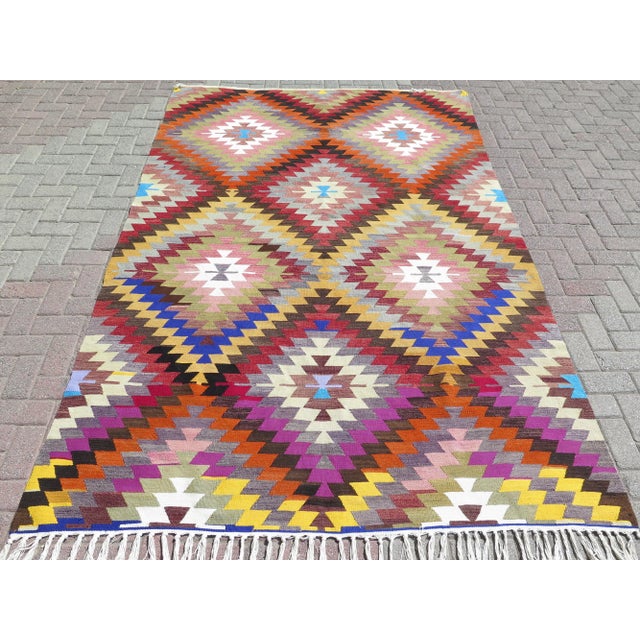 1960s Colorful Organic Wool Handmade Turkish Boho Kilim Rug | Chairish