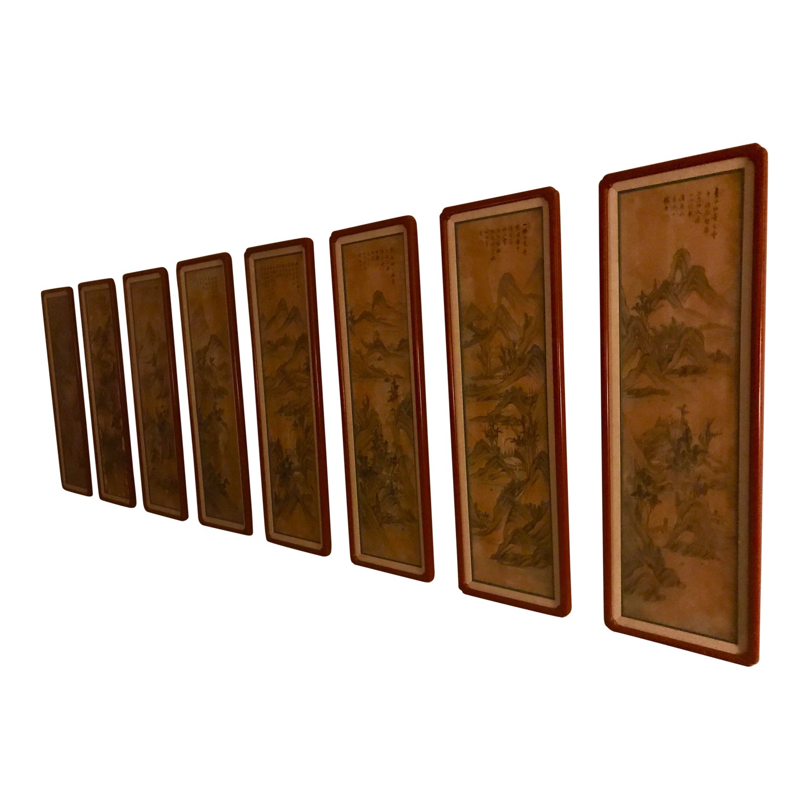 Red Lacquer Framed Chinese Landscape Silk Panels - Set of 8 | Chairish