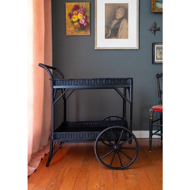 19th Century Black Wicker and Rattan Victorian Tea Cart | Chairish